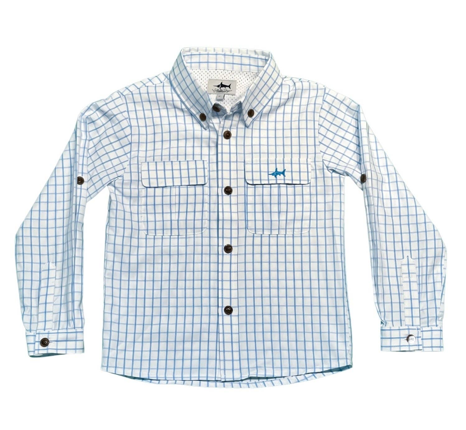 Flagler Boys Fishing Shirt in White & Blue Plaid by Saltwater Boys